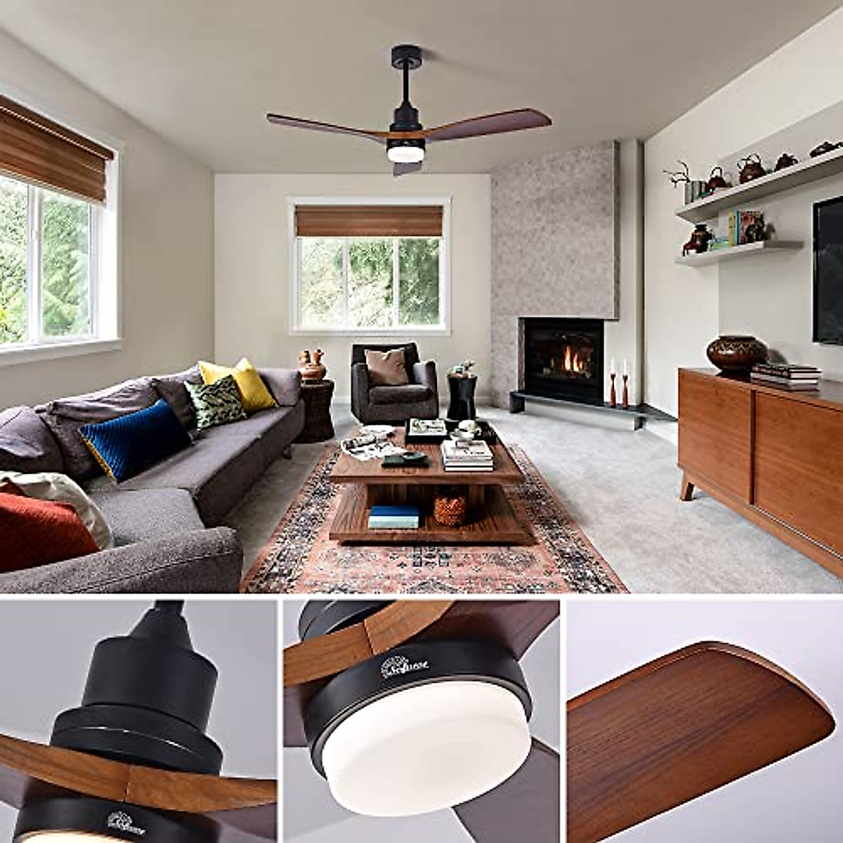 Sofucor 52'' Wood Ceiling Fan With Lights Remote Control 3 Wood Fan Blade Ceiling Fans Noiseless Motor Solid Walnut and Matte Black