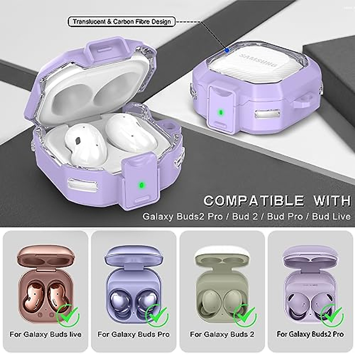 [with Secure Lock] Clear Case Cover for Galaxy Buds 2 Pro Case(2022) /Galaxy Buds Pro Case(2021) /Galaxy Buds 2 Case (2021) /Galaxy Buds Live Case(2020) with Fashion Candy Keychain (Clear Purple)