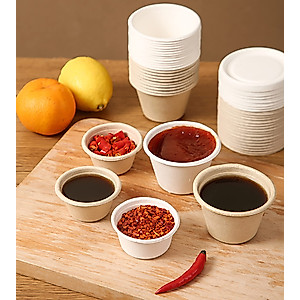 Yesland 200 Pack 2 oz Natural Bagasse Fiber Cups with Lids, Paper Tasting Cups Disposable Sample Food cup, Compostable Sauce Containers for Snack Tasting Charcuterie