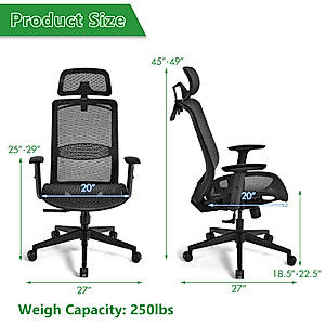 BestComfort High Back Mesh Office Chair, Ergonomic Executive Chair with Adjustable Reclining Angles, Lumbar Support, Headrest, Armrest, Swivel Rolling Computer Desk Chair with Coat Hanger (Black)