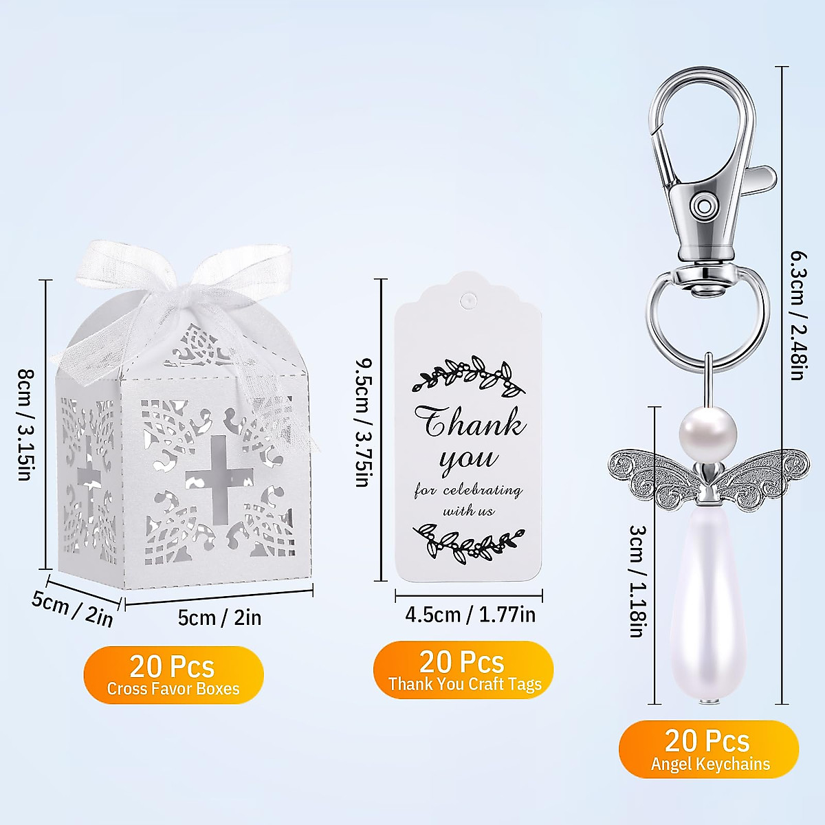 Outus 60 Pcs Baptism Party Favors for Guest Boy Girl Baby Shower Favors Bulk 20 Angel Pendant Keychains Decoration 20 Thank You Tags 20 Cross Shape Boxes for First Communion Holy Return Gifts(White)