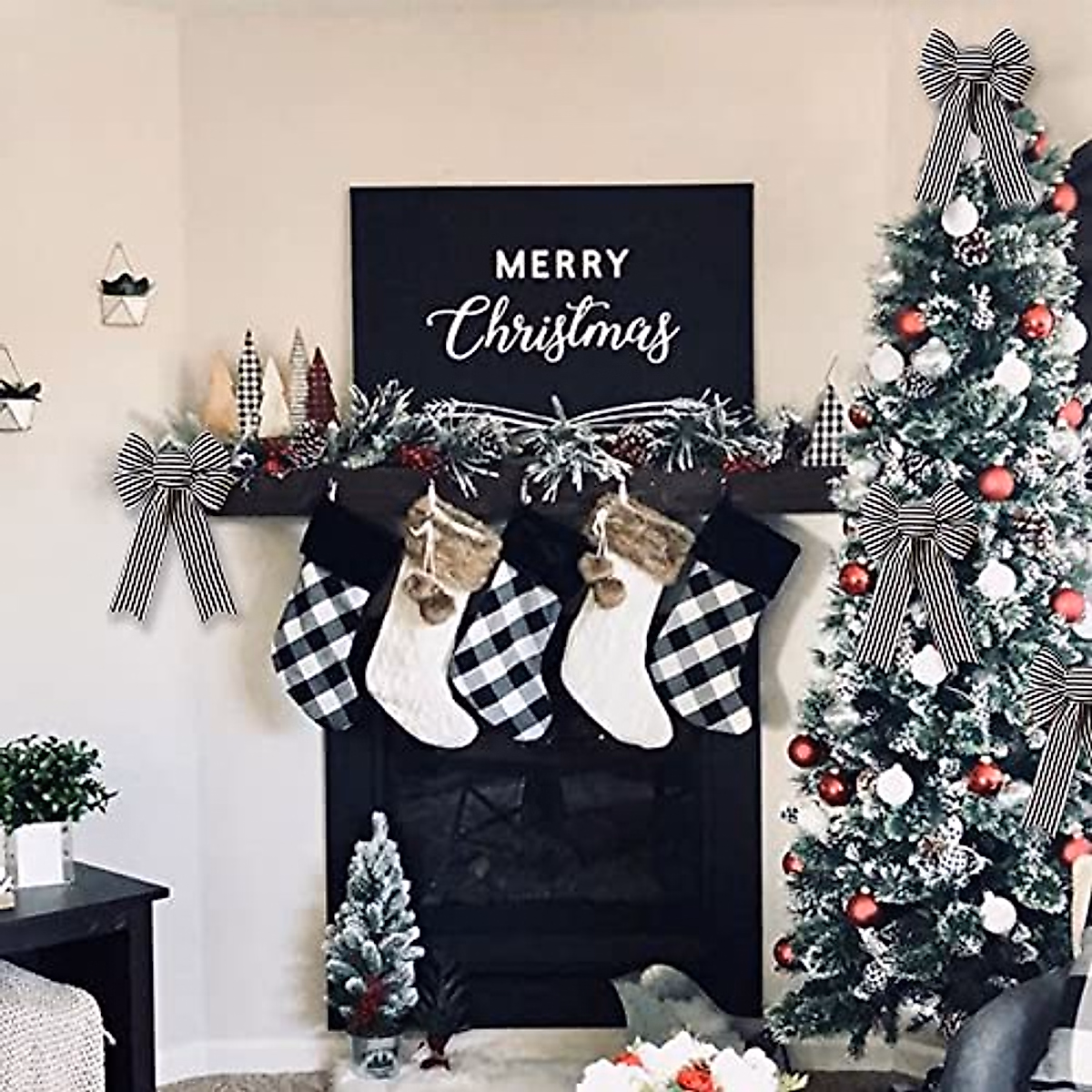 Cintago 6pcs Black and White Striped Bows for Wreath,8x12.5 Inches,Ticking Christmas Bows,Gift Bows,Holiday Bows for Craft