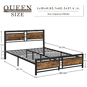 RIDFY Queen Bed Frame with Industrial Headboard and Footboard, Heavy Duty Platform Bed Frame with Under-Bed Storage, Mattress Foundation, Metal Slat Support, Noise-Free, No Box Spring Needed