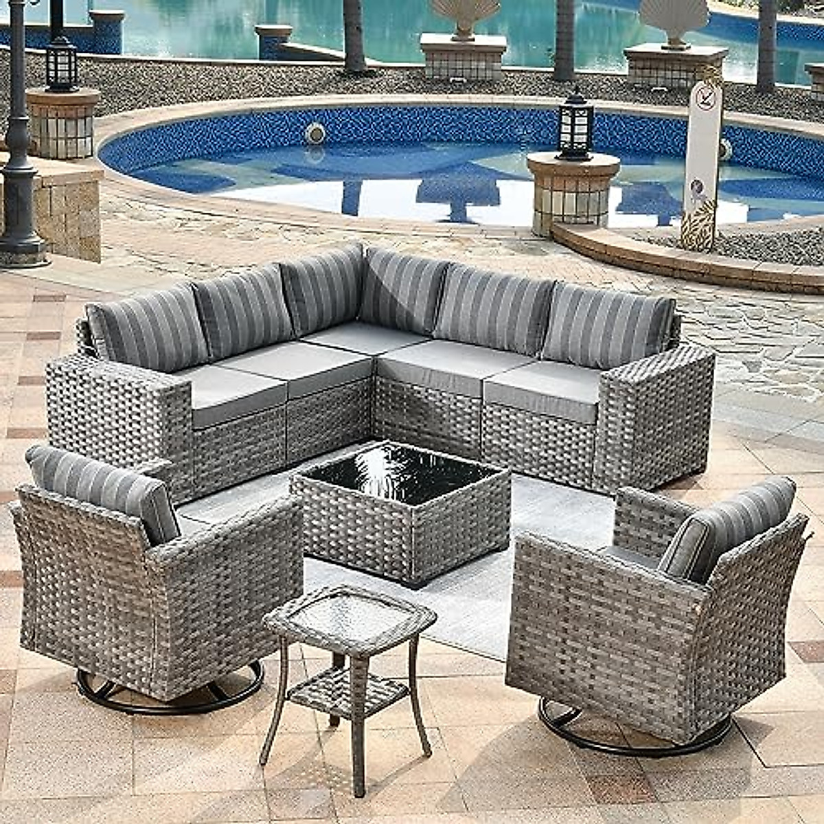 XIZZI Patio Furniture Sets Outdoor Sectional Sofa Swivel Rocking Chairs 9 PCS All Weather PE Wicker Conversation Couch with Coffee and Side Table for Backyard Deck Garden,Dark Grey Stripes