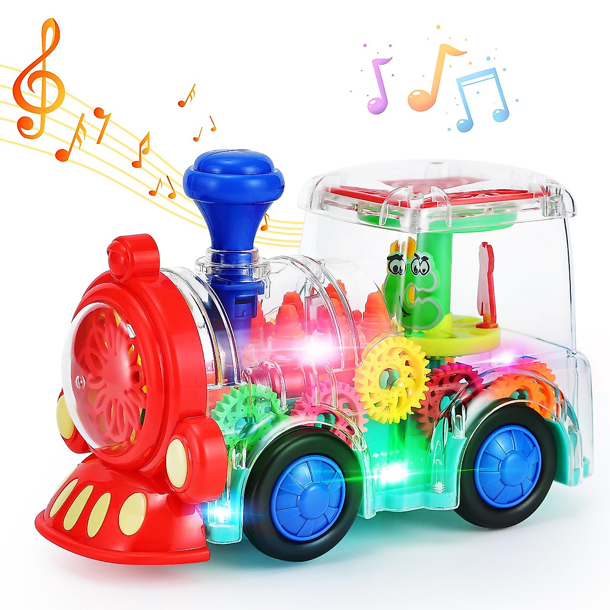 Light Up Train Toys,Fun Electric Transparent Gear Sensory Toy for Kids with Colorful Light Music and Moving Gears,Tummy Time Crawling Baby Toys for Boys Girls