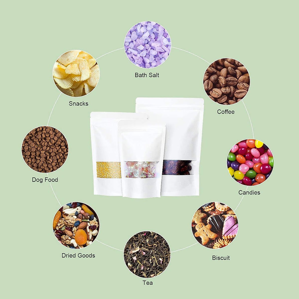 SumDirect White Kraft Stand Up Bags Pouches Resealable Bag with Zip Lock and Matte Window for Food Storage, 5.9x8.6 Inches, 13oz, Pack of 50