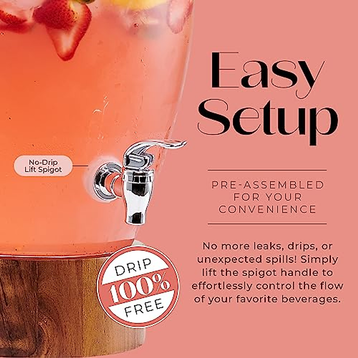 American Atelier Madera Beverage Dispenser Cold Drink Dispenser w/ 3-Gallon Capacity Glass Jug, Leak-Proof Acrylic Spigot in Gorgeous Gift Box Great for Parties, Weddings & More