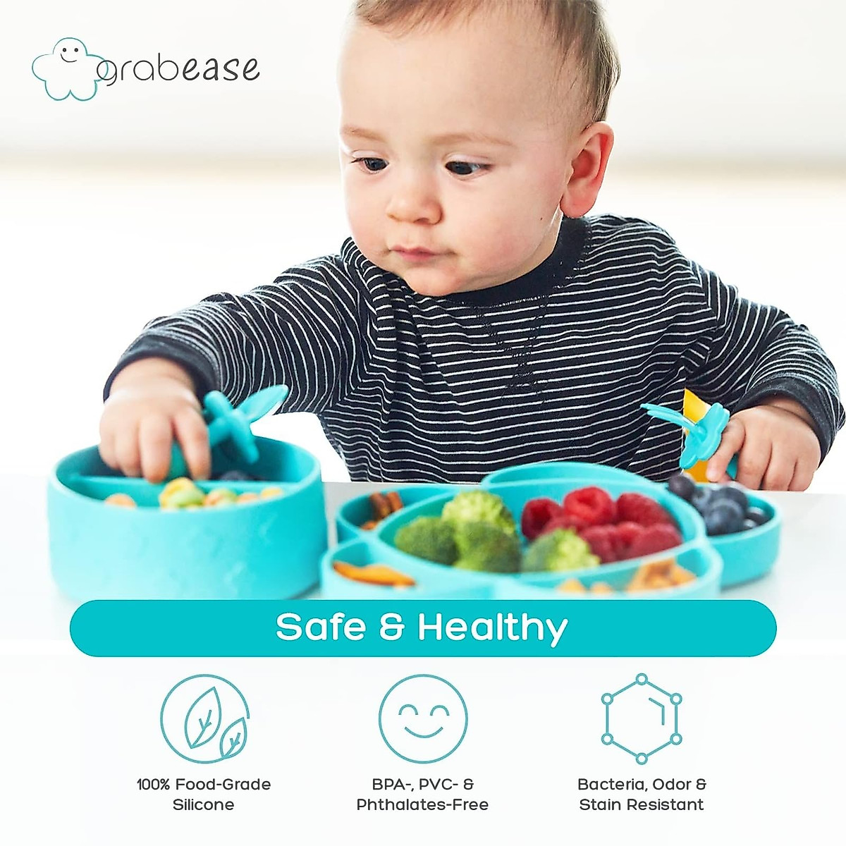 grabease Silicone Suction Plate for Baby & Toddler Self-Feeding, 6-Section Dish With Stay-Put Grip, BPA and Phthalates-Free, Dishwasher and Microwave Safe, Bright Teal