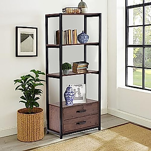 SmallCock 4-Tier Bookshelf, Simple Industrial Bookcase Standing Shelf Unit Storage Organizer with 4 Open Storage Shelves and Two Drawers (Brown)
