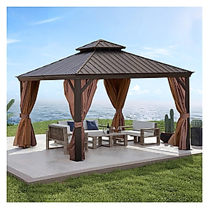 12 x 12FT Hardtop Gazebo - Outdoor Polycarbonate Double Roof Gazebo Canopy, Metal Frame Permanent Pavilion with Curtains and Netting for Garden Patio Backyard Party Deck Lawn