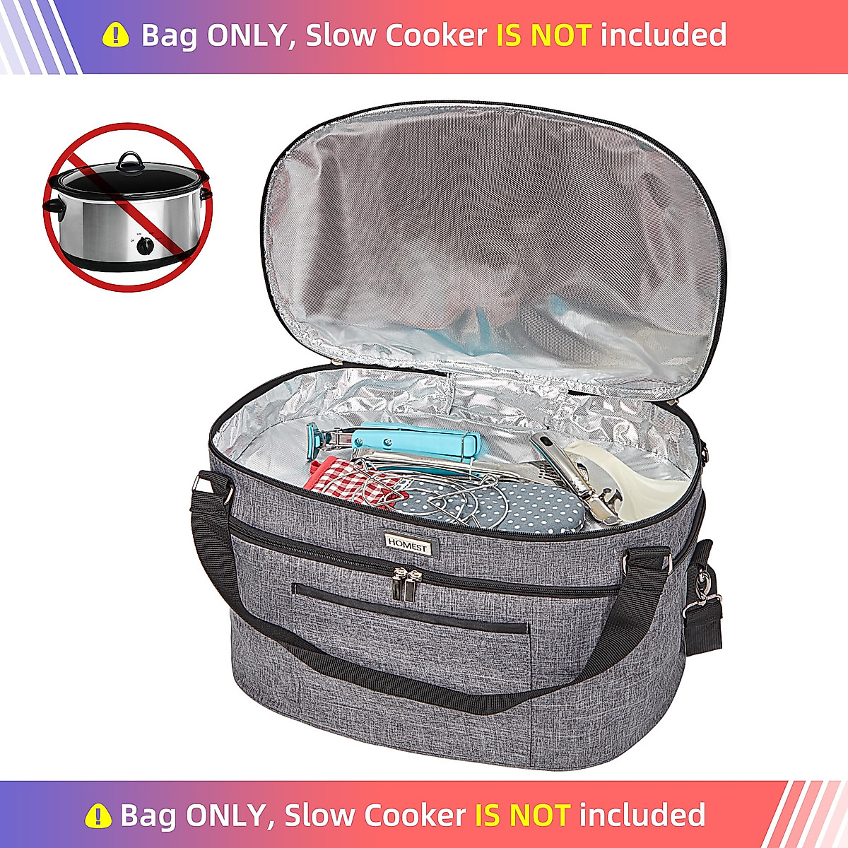HOMEST Slow Cooker Bag for Crock-Pot 6-8 Quart, Insulated Travel Carrier with Easy to Clean Lining, Carry Case with Top Zip Compartment and Accessory Pocket (Bag Only)