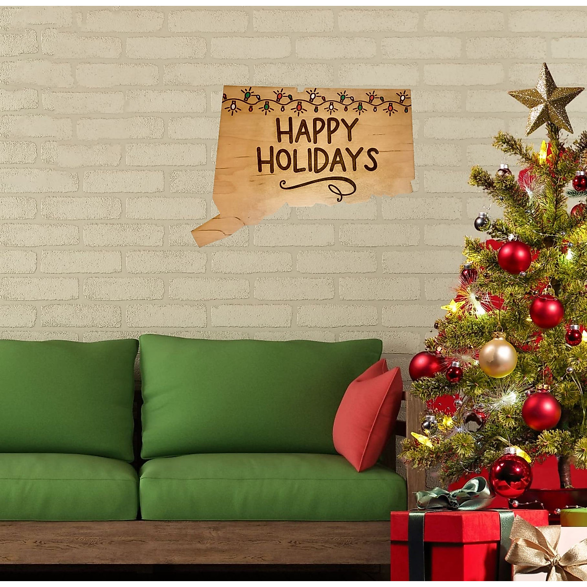 State Shaped Happy Holidays Engraved Maple Wood Sign with Hand Painted Lights for Christmas Decoration