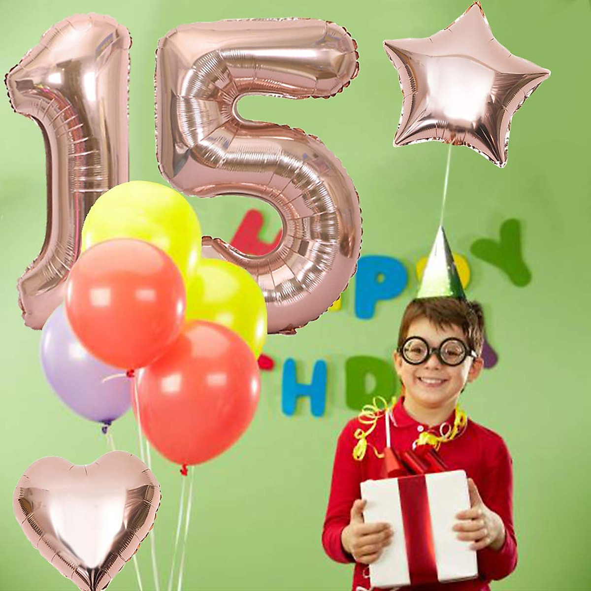 Ceqiny 40" 15th Number Balloon Mylar Balloon 18” Star Heart Foil Balloon 12” Sequins Latex Balloon for Birthday Party Wedding Bridal Shower Photo Shoot Anniversary Decor, Rose Gold 15 Balloon Kit