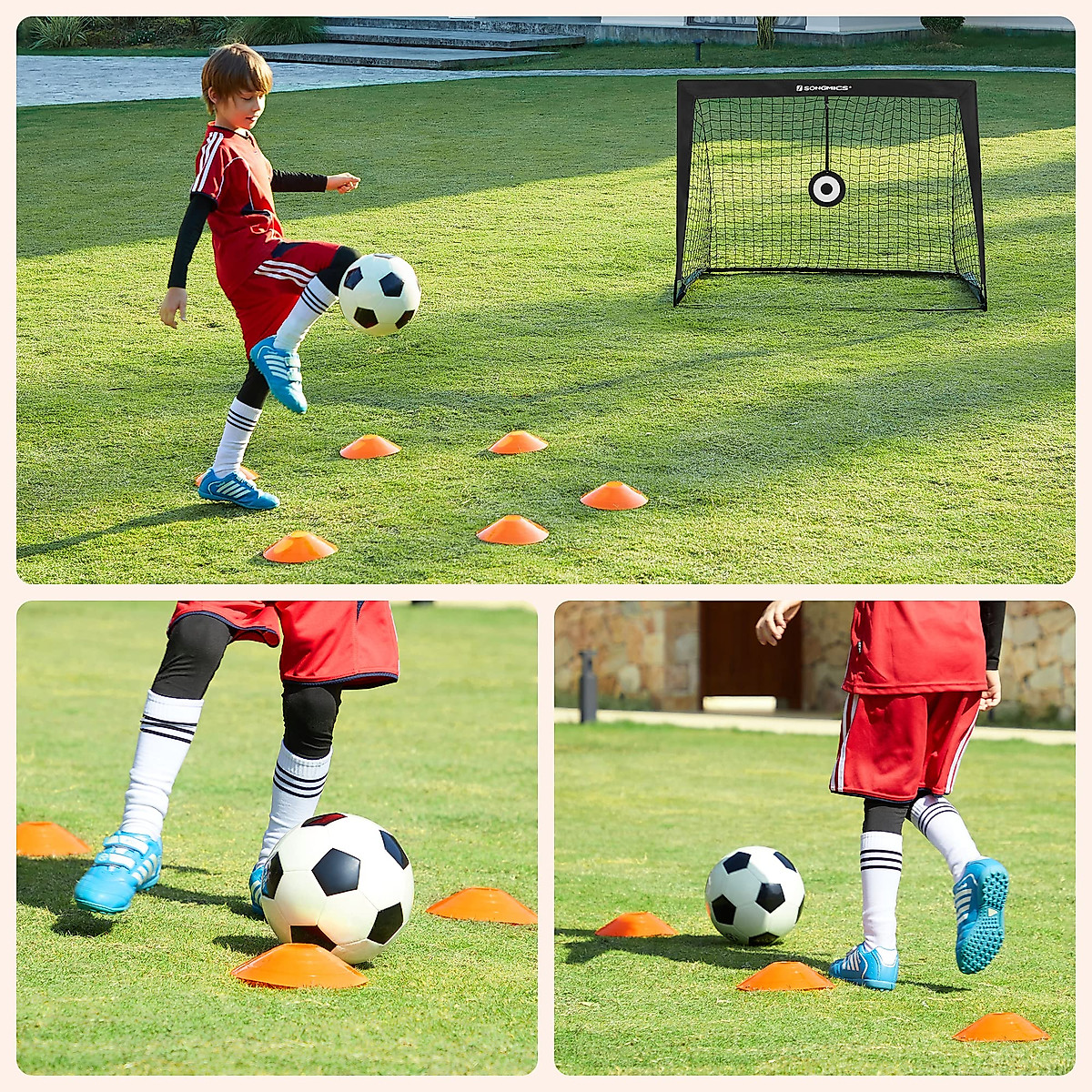 SONGMICS Kids Soccer Goals for Backyard, 4x3 ft Portable Soccer Nets Training Equipment, with Targets and Training Cones, Toddler Soccer Goal with Carrying Bag, for Field, Black USZQ422B01