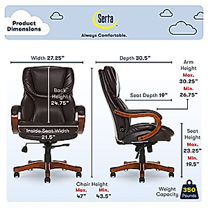 Serta Big and Tall Executive Office Chair with Wood Accents Adjustable High Back Ergonomic Lumbar Support, Bonded Leather, 30.5D x 27.25W x 43.5H in, Brown