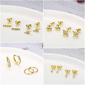 IRONBOX Earrings Set with 14K Gold Plated Huggie Hoop Studs (12Pairs) for Women Small Dainty Minimalist Chain Earrings Cartilage CZ Ball for Multiple Piercing