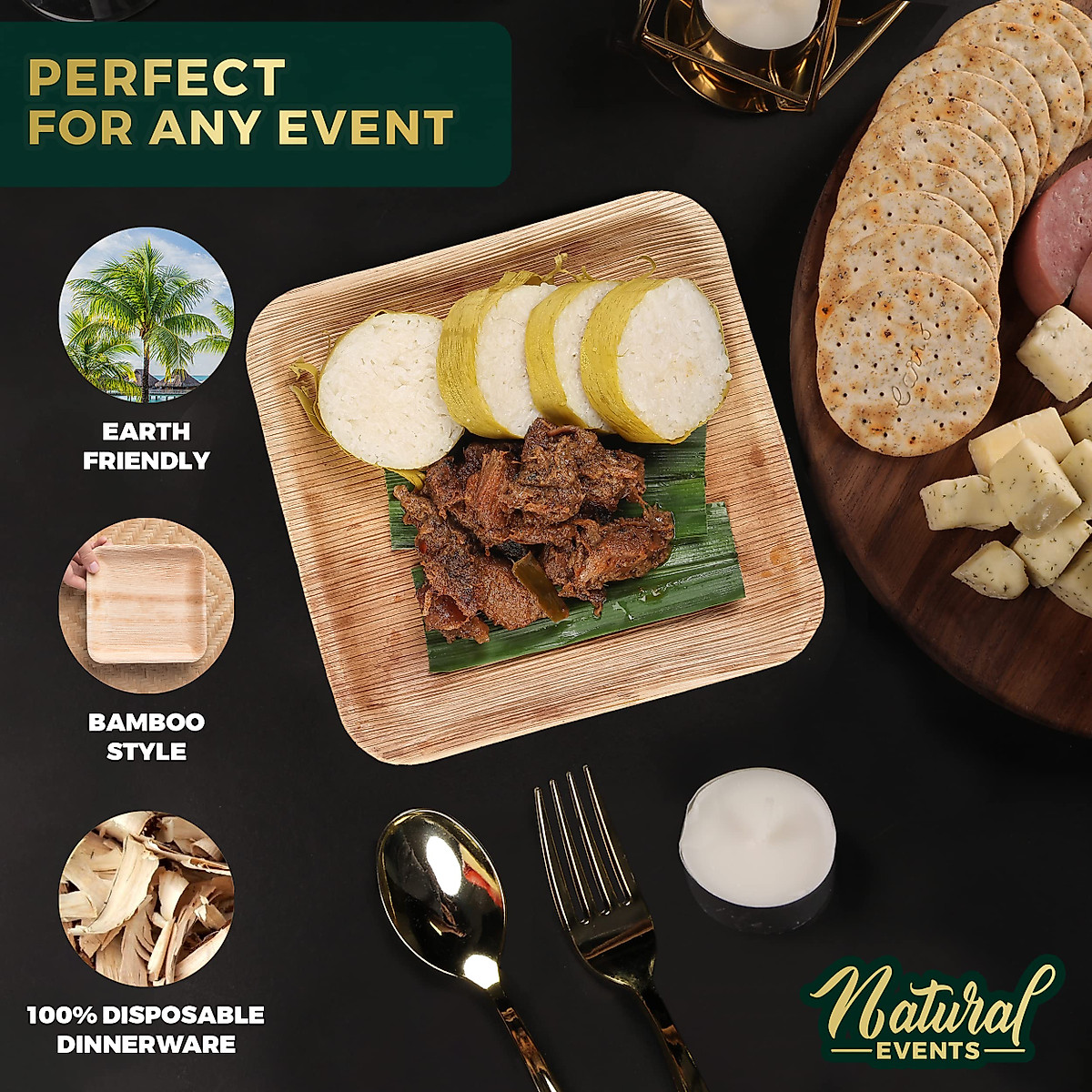 Natural Events 10" Premium Palm Leaf Plates - Disposable Dinnerware Party Set for Main Entree Dishes, Heavy Duty Bamboo Wood, 100% Compostable, Biodegradable & Eco-Friendly (10 Inch Square, 50 Pack)