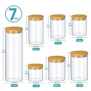 VTOPMART Glass Food Storage Jars, 7 Pack Airtight Food Containers with Bamboo Wooden Lids, Clear Glass Containers for Kitchen, Pantry Organization