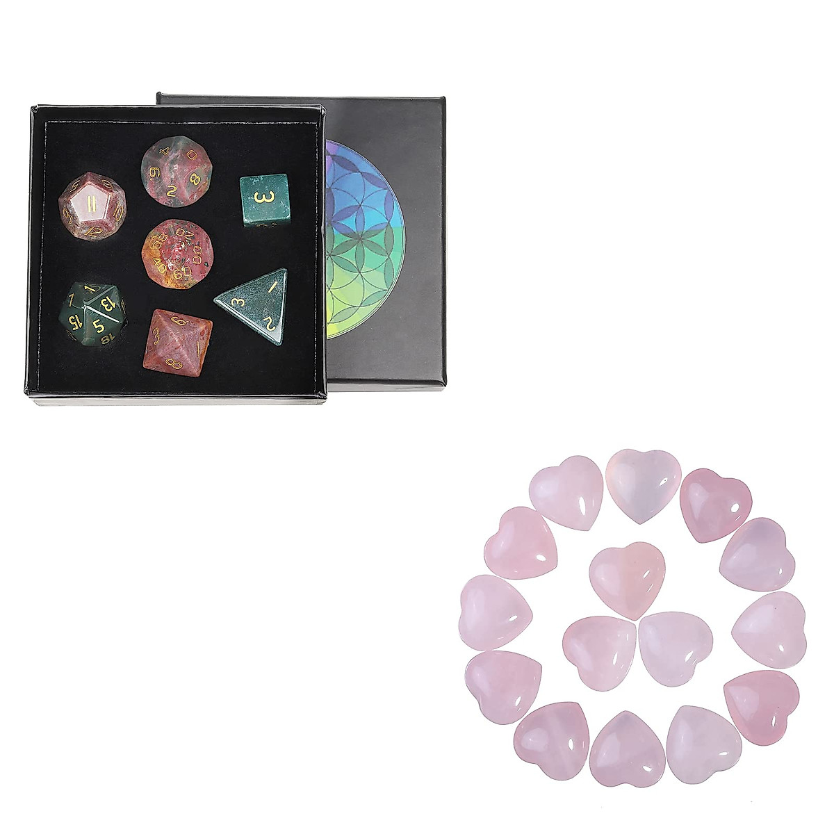 mookaitedecor Bundle - 2 Items: 7 PCS Indian Agate Crystal Polyhedral DND Dice Set & Pack of 15 Natural Rose Quartz Crystal Heart Love Stones Carved Palm Worry Stone for Home Decor