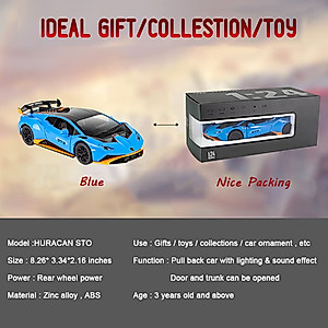 1:24 Alloy Diecast Car Model for Lamborghini Huracan STO 2021 Toy Car, Pull Back Vehicles Model Cars Toy for Kids 3 to 12 Years Old Gift Adult Collection Car Model with Light & Sound (Vibrant Blue)