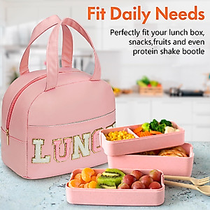 DIRGEE Lunch Bag for Women - Pink, Leather, Unisex, Meal Holder, Waterproof, Insulated, Reusable, Portable, 9.4L Capacity, Cute Chenille Letters Design