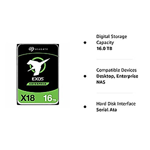 Seagate Exos X18 16TB Enterprise HDD - CMR 3.5 Inch Hyperscale SATA 6Gb/s, 7200 RPM, 512e and 4Kn FastFormat, Low Latency with Enhanced Caching (ST16000NM000J) (Renewed)