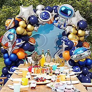 RUBFAC Space Party Decorations Balloon Garland Kit, Universe Space Planets Party Supplies UFO Rocket Astronaut Navy Blue Silver Foil Latex Balloons for Boys Kids