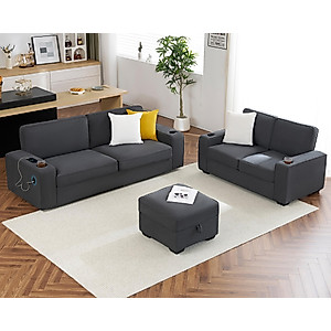 VanAcc Sofa, 2 Piece Set with Storage Ottoman, Modern Couches with Cup Holders & USB Charging Ports, 3 Seater Sofa and Loveseat- Charcoal Grey Chenille Couches for Living Room