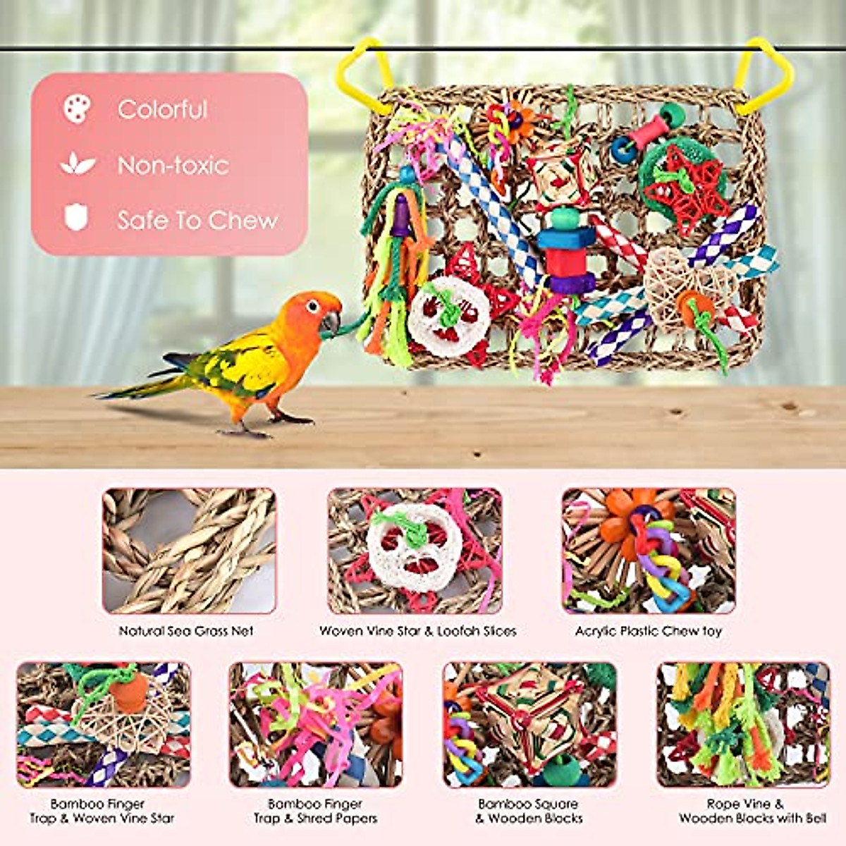 KATUMO Bird Toys, Bird Foraging Wall Toy, Edible Seagrass Woven Climbing Hammock Mat with Colorful Chewing Toys, Suitable for Lovebirds, Finch, Parakeets, Budgerigars, Conure, Cockatiel