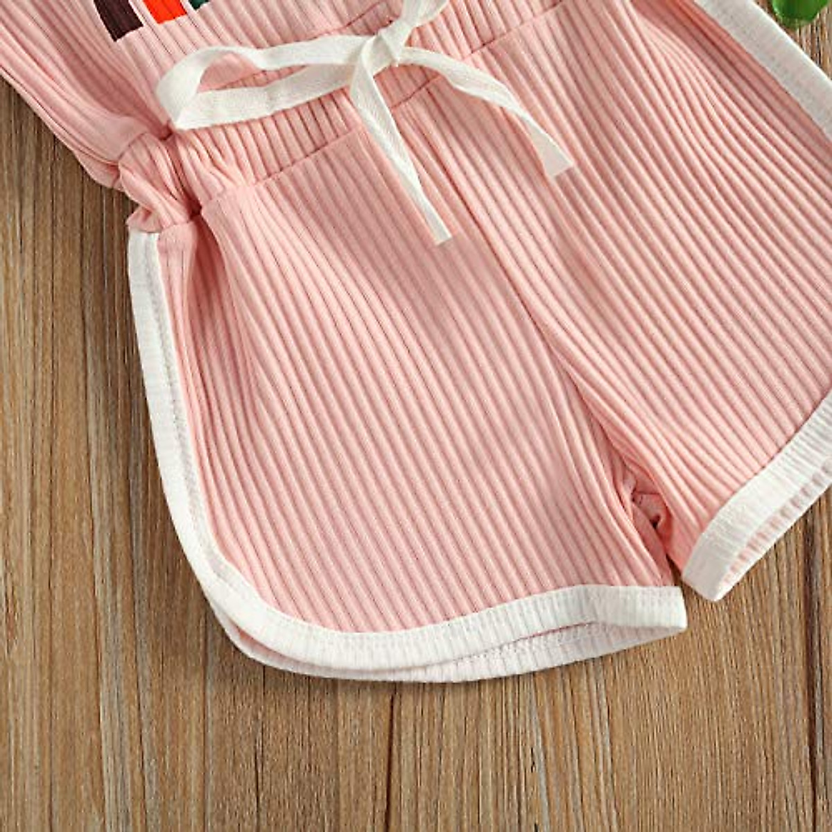 DuAnyozu Toddler Baby Girl Sleeveless Halter Jumpsuit Ribbed Romper Shorts Playsuit Rainbow Outfit Cute Summer Clothes (2-3T, A Pink)
