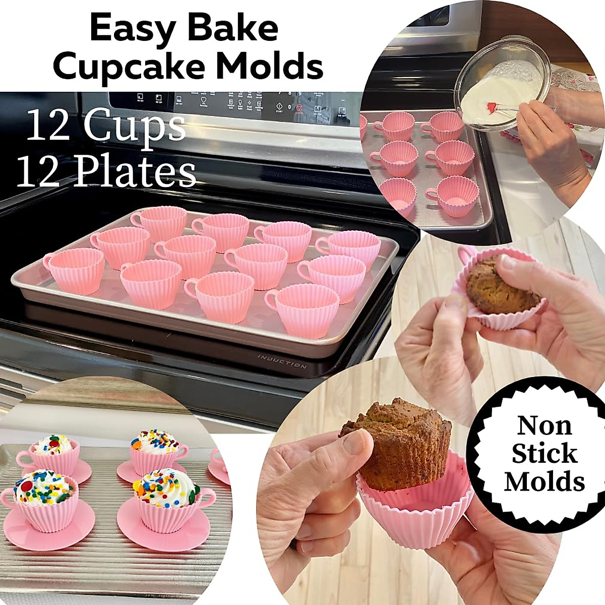 Evelots Teacup Silicone Cupcake Liners 24 Pc Set Oven Safe Baking Set (12 Cups/ 12 Saucers)-Reusable Baking Muffin Cups- BPA Free-2 Colors