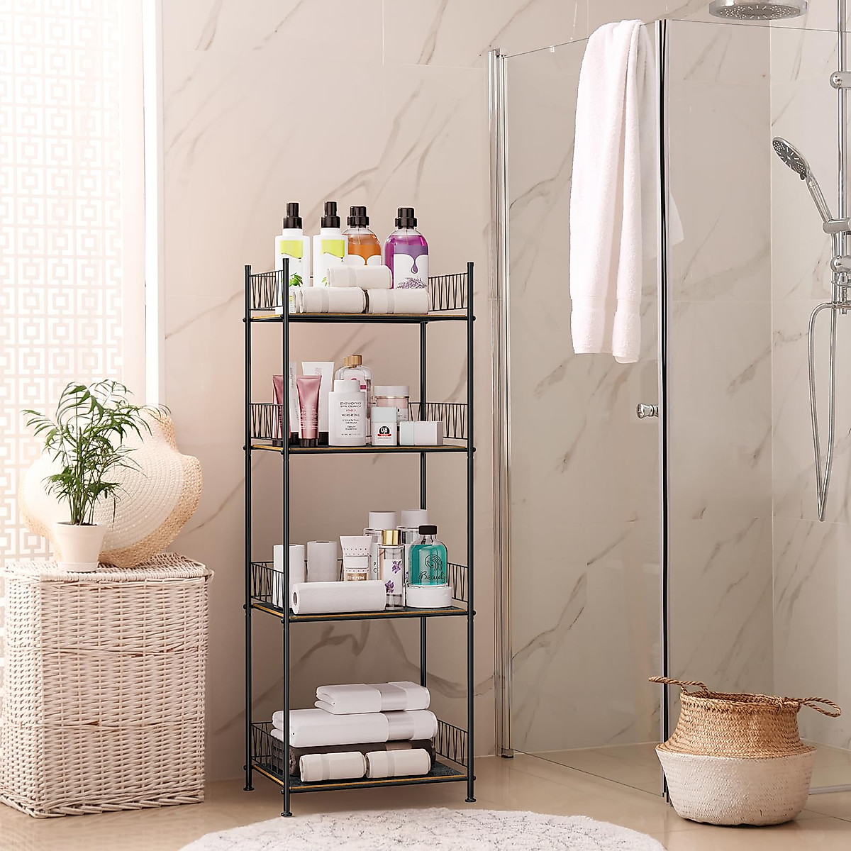 4 Tier Water Bottle Organizer Shelf Bottled Water Storage Rack for Floor Metal Wire Rack Shelving Standing Shelf Units for Pantry Kitchen Bathroom House, Black