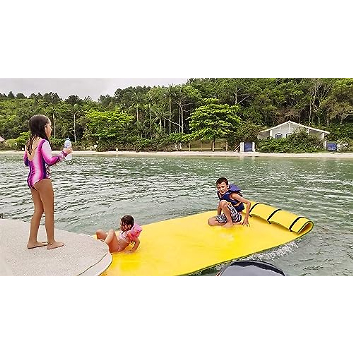 Floating Mat Water Mat Lily Pad with Rolling Pillow Design, Bouncy Tear-Resistant 3-Layer XPE Foam, Roll-Up Floating Island River Rafts,Blue (Color : Yellow, Size : 1.8mx0.6mx3.3cm)
