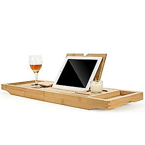 Bamboo Extension Tray for The Bathroom and Relaxation Tool for The Bath, with Holder for Cellphone, Tablet, Candles and More