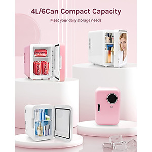 FETIONS Mini Skincare Fridge with Adjustable LED Make Up Mirror, Portable Refrigerator 4L/6 Can Cooler & Warmer, Compact for Skincare,Food and Drinks, Small Fridge for Bedroom,Dorm,Car,Office, White