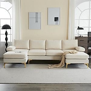 Artisasset Sectional Sofa Couch U-Shape 110" Sectional Sofa Linen Fabric Sofa Set with Double Chaise for Living Room, Studio, Office, Apartment, Beige