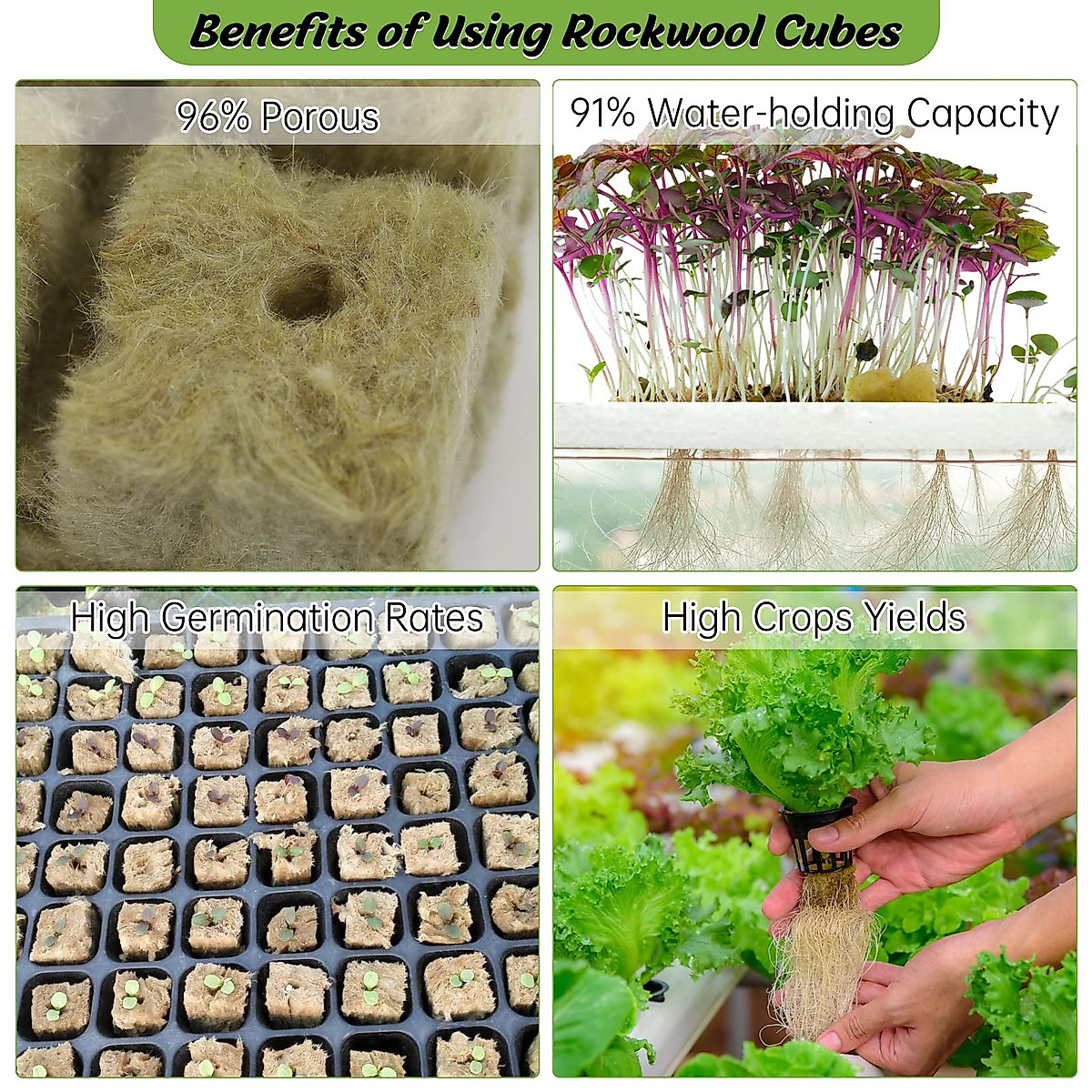 72 sets Rockwool Cubes for Hydroponics with Net Pots, 1in Rock Wool Planting Cubes 72 Plugs & 50 Net Cups 1.5 inch Hydroponic & 50 Article Self Watering Cotton Wick Cord for Hydroponics Supplies