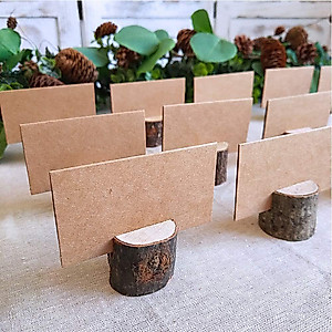whatUneed 40 Sets Place Card Holders, Rustic Real Wood with Wooden Bark Table Card Holder, Number Photo Stand Place Name Memo Card Holder for Wedding Party (40 Holders+40 Kraft Place)