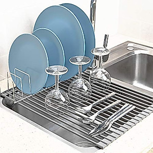 iPEGTOP Roll Up Dish Drying Rack with 304 Stainless Steel Plates Holder Pot Lid Organizer, Over The Sink Kitchen Foldable Multipurpose Dish Drainer Rack for Fruits Vegetable,16.9" x 12.6"