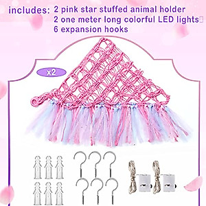 Windyun 2 Pcs Stuffed Animal Storage Hammock or Net with LED Light Stuffed Hanging Toy Hammock Mesh Organizer Holder Doll Room Corner for Kids Room Nursery Playroom Bedroom, Pink