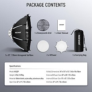 NEEWER 22"/55cm Octagonal Softbox, Quick Release Bowens Mount Softbox with Honeycomb Grid, Light Diffusers, Bag for RGB CB60 CB60B CB200B MS60B MS60C MS150B S101-300W/400W Pro Vision 4 Q4, NS22P