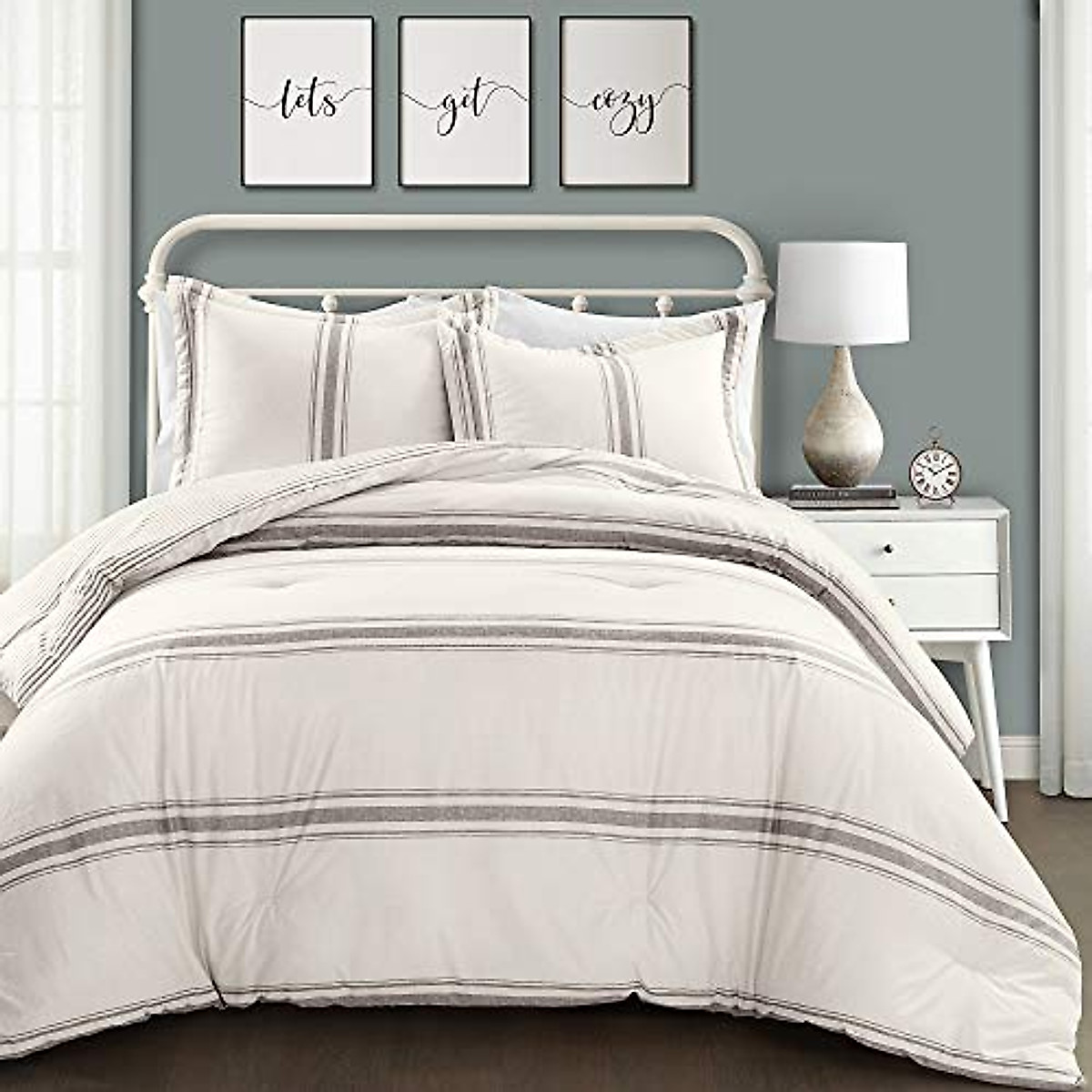 Lush Decor Farmhouse Stripe 3 Piece Reversible Comforter Bedding Set, King, Gray