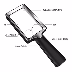 Magnifying Glass with Light, 4X 10X Black Magnifier with 20 Anti-Glare and Dimmable LED Lights Provides Evenly-Lit Viewing Area for Low Vision Seniors