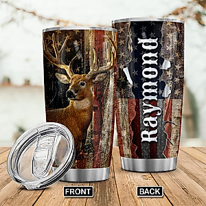 Wassmin Personalized Hunter Gifts For Men Deer Hunting American Flag Tumbler 20oz 30oz Stainless Steel Insulated Tumblers Hunters Coffee Travel Mug Cup Birthday Father's Day Hunter Stuff Gift