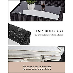 FDW Patio Furniture 4 Pieces Outdoor Indoor Use Rattan Chairs Wicker Patio Loveseats Conversation Sets with Table and Beige Cushions for Backyard Lawn Porch Garden Balcony,Black