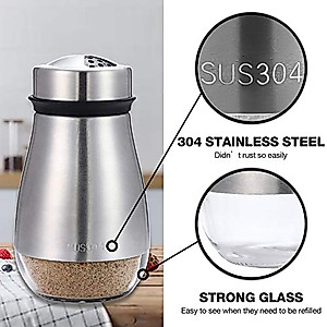 TUAEB 2pcs Salt and Pepper Shakers Set - Salt Shaker with Adjustable Pour Holes - 304 Stainless Steel & Glass Spice Dispenser Refillable - Perfect for Black Pepper, Kosher And Sea Salts - Seasoning