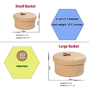 Lvfaismeg Decorative Basket With Lids,Natural Jute Rope Woven Basket With Lid Genuine Leather Handles ,Set of 2 Storage Basket With Lid ,Big Basket With Lid and Small Basket for Organizing.
