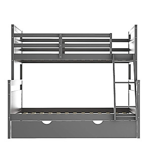 Merax Twin over Full Wood Bunk Bed with Trundle and Safety Guardrail for Teens, Guests，No Box Spring Needed, Gray