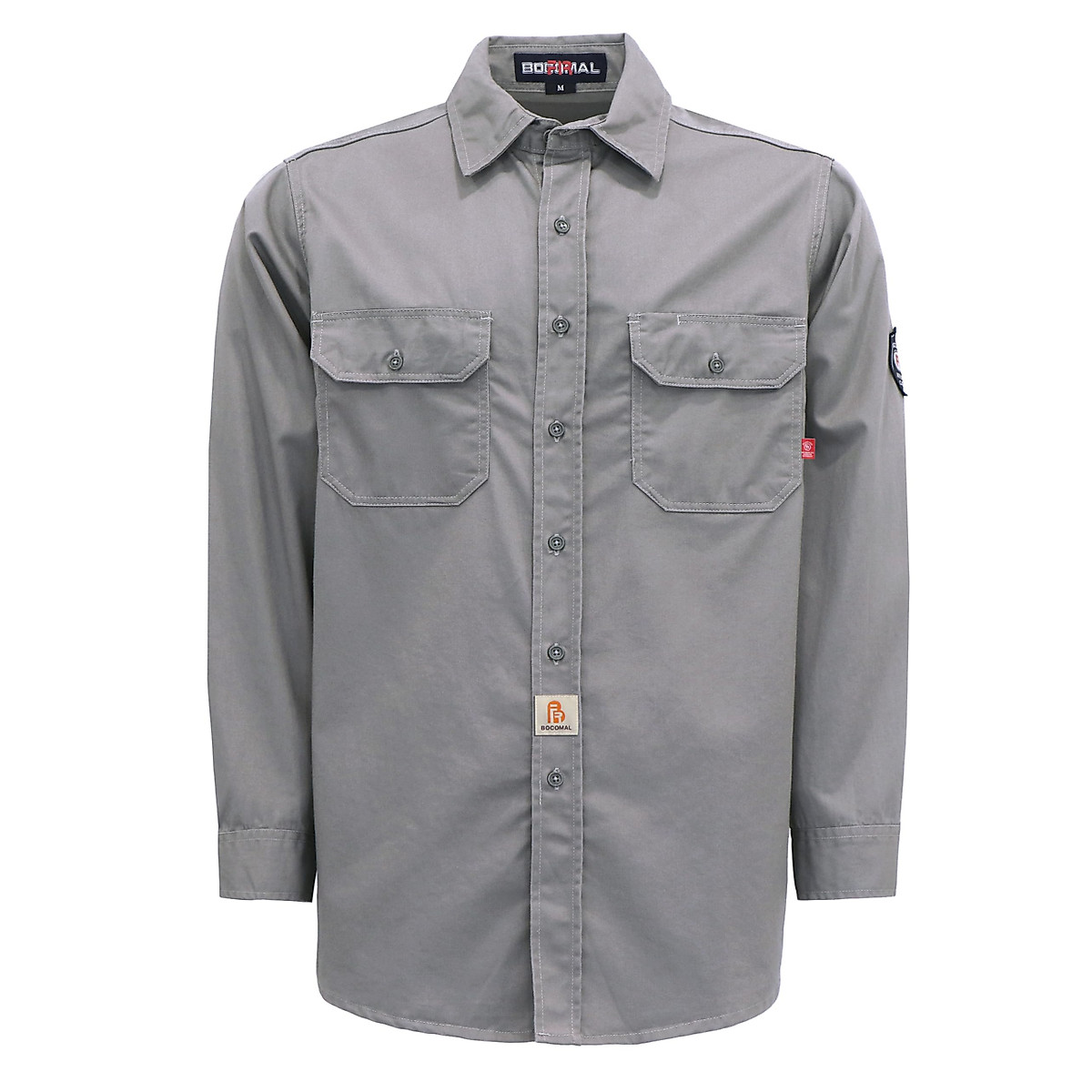 BOCOMAL FR 6.25oz Lightweight Summer Welding Shirt - Flame Resistant, Relaxed Fit, Cotton, Long Sleeve, Button Down Collar, Light Gray