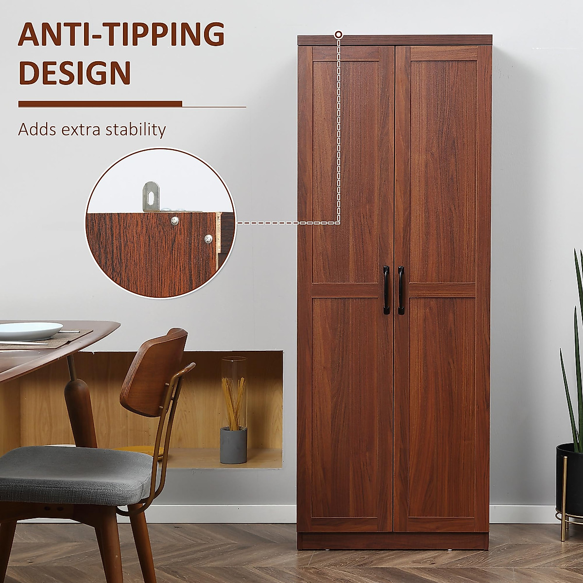 HOMCOM 63" 2-Door Kitchen Pantry, Freestanding Storage Cabinet with 5-Tier Shelving and 2 Adjustable Shelves for Dining Room, Brown